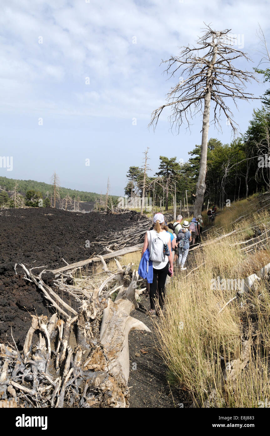 Hikers walking through lava and dead burnt trees on the Northern side ...