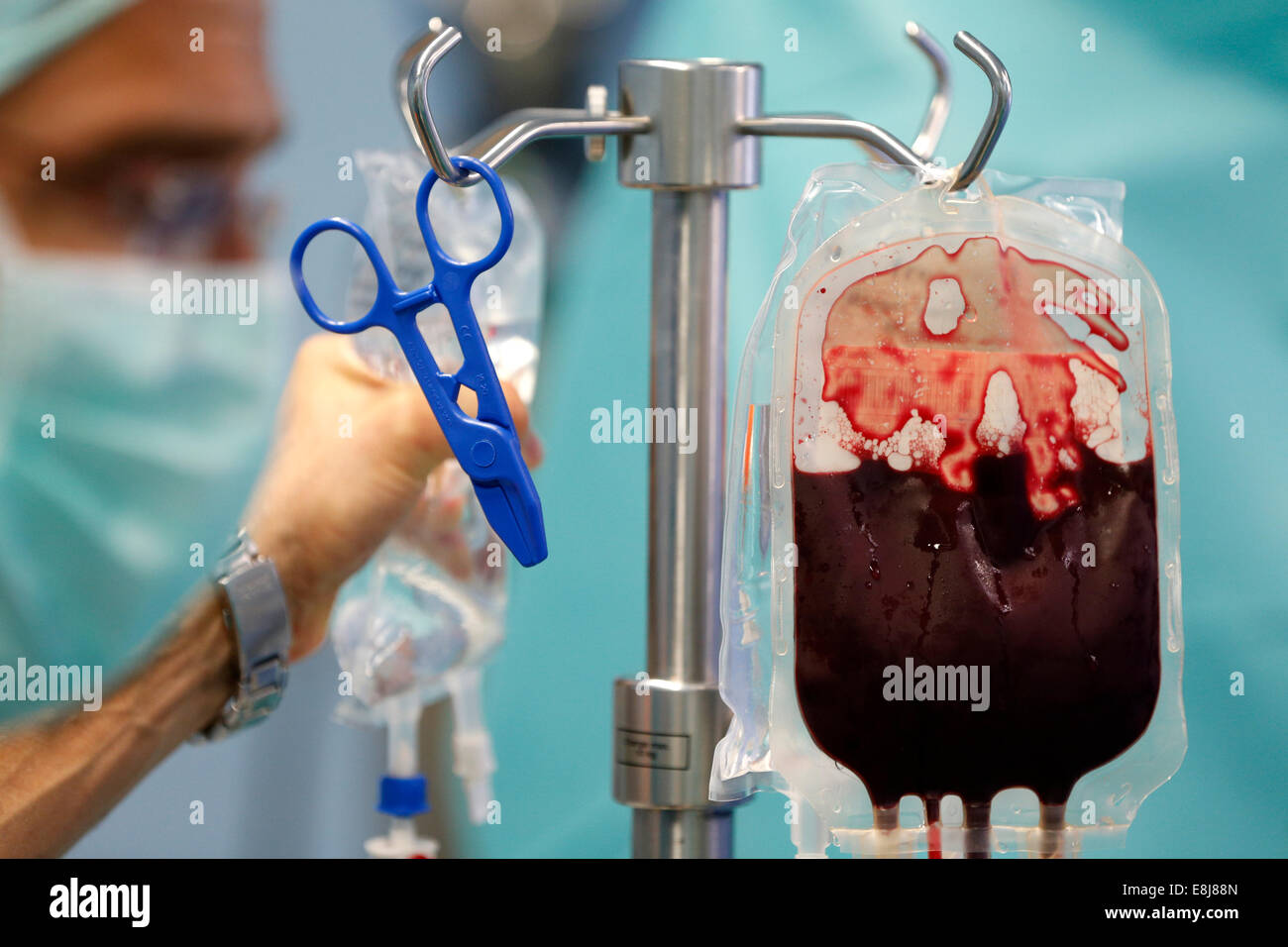 Brazzaville Hospital. Operating theater. Blood bag. Blood transfusion ...