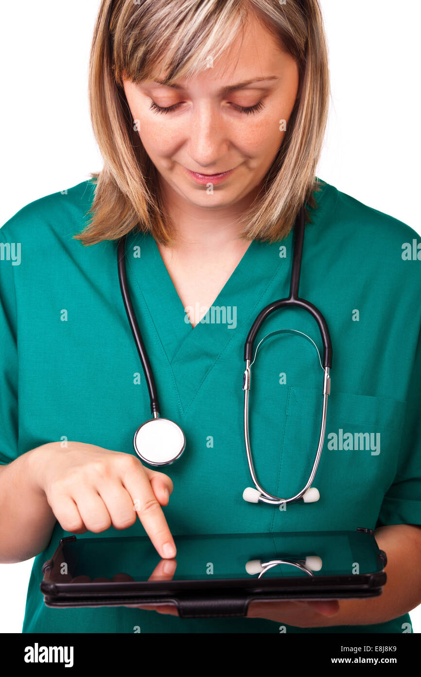 woman doctor use tablet isolated on white Stock Photo - Alamy