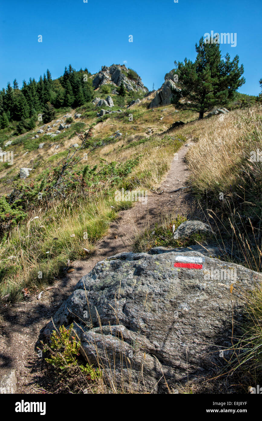 Footpath in the Pyrenees, close to the Roc de France. Red and white ...