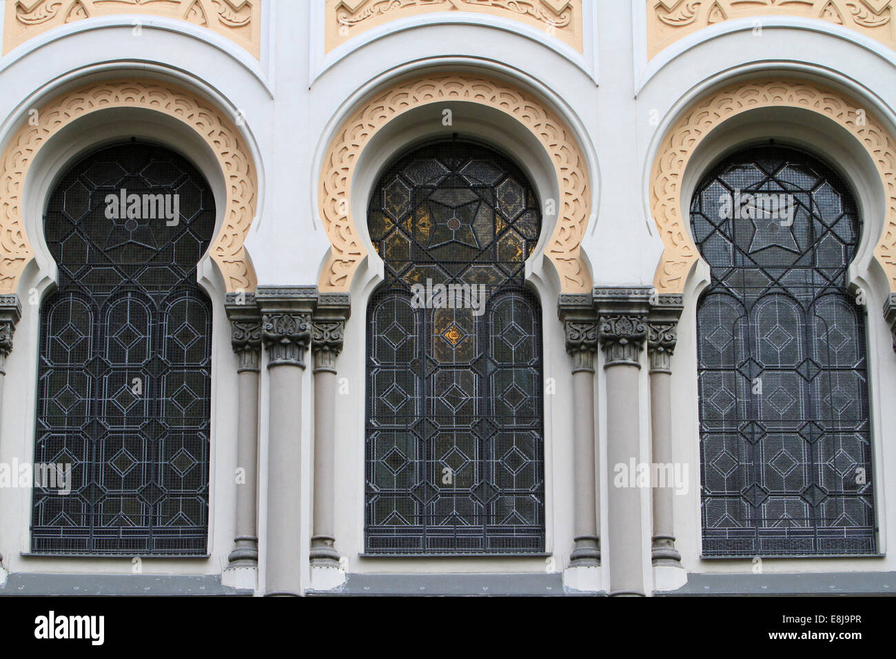 Stained glass windows on the front of the Spanish Synagogue. Prague ...