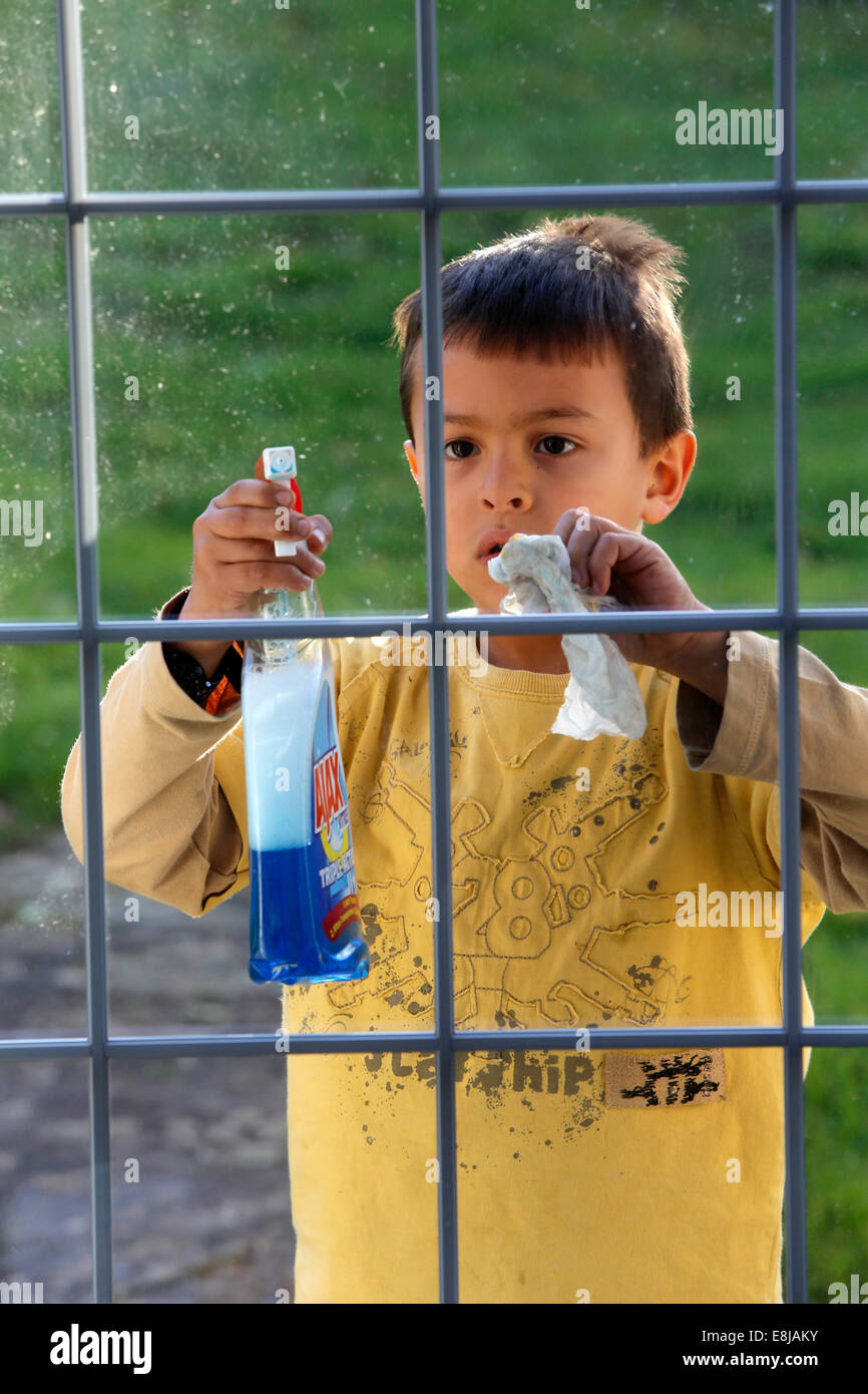 7-year-old boy cleaning a window Stock Photo - Alamy