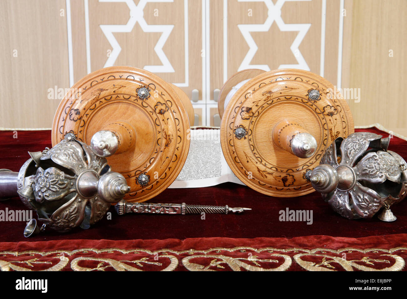 Torah scroll and the two Rimonim Stock Photo - Alamy