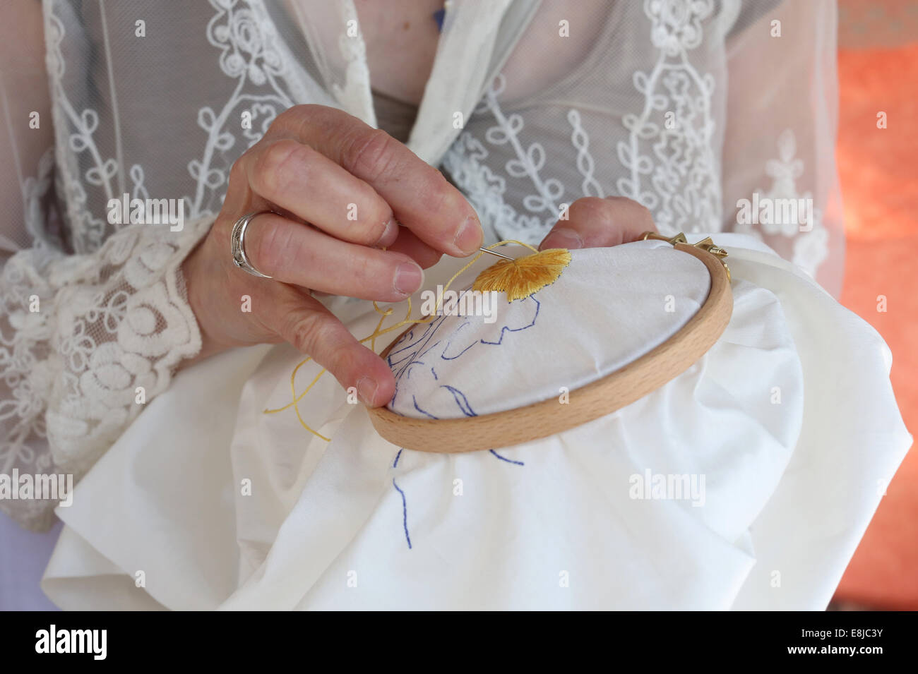 The medieval festival of Provins. Embroidery workshop Stock Photo - Alamy