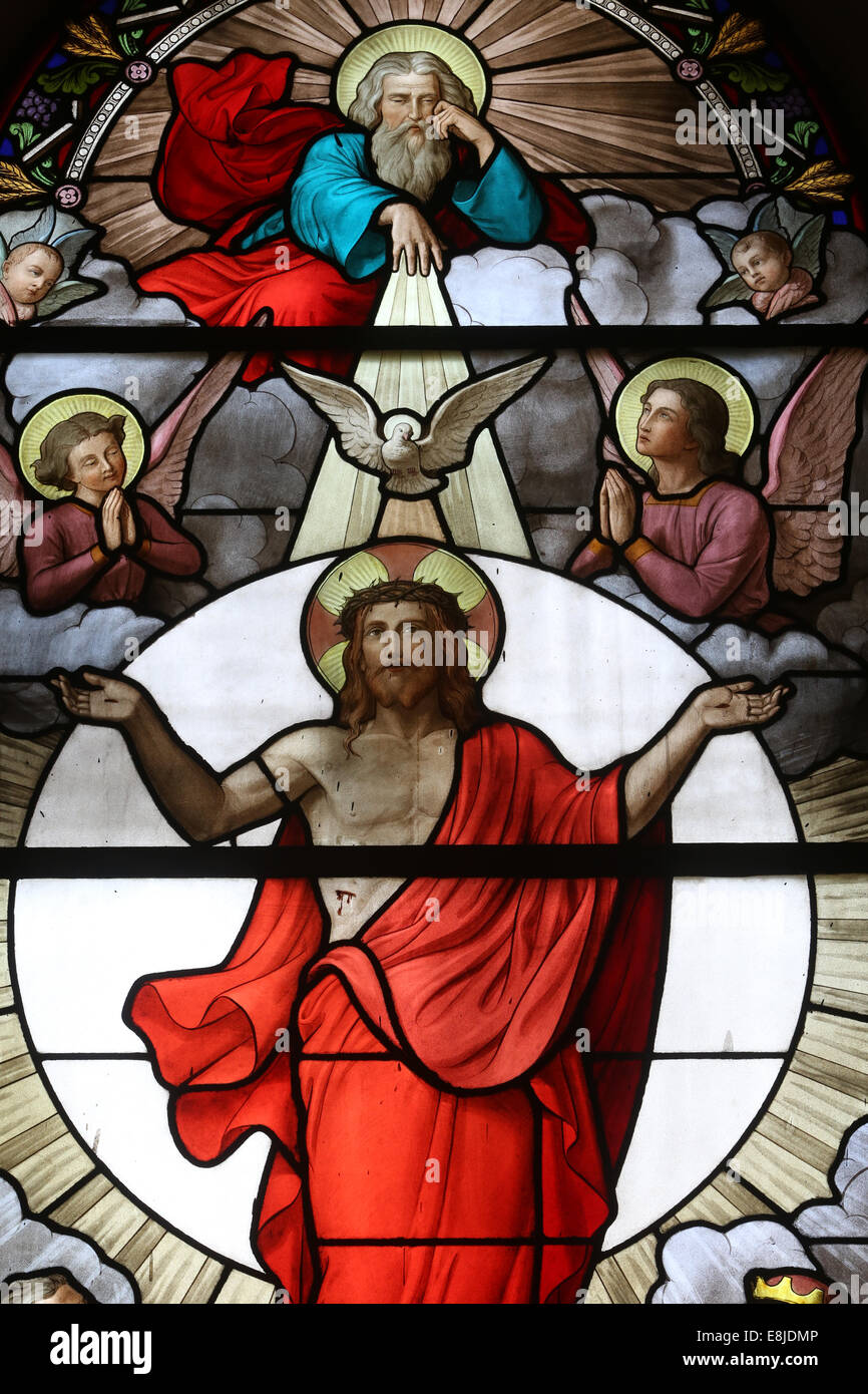 Holy Sacrament church. Stained glass window. The Holy Trinity Stock ...