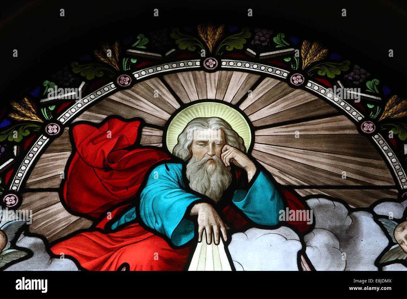 Holy Sacrament church. Stained glass window. God Stock Photo - Alamy