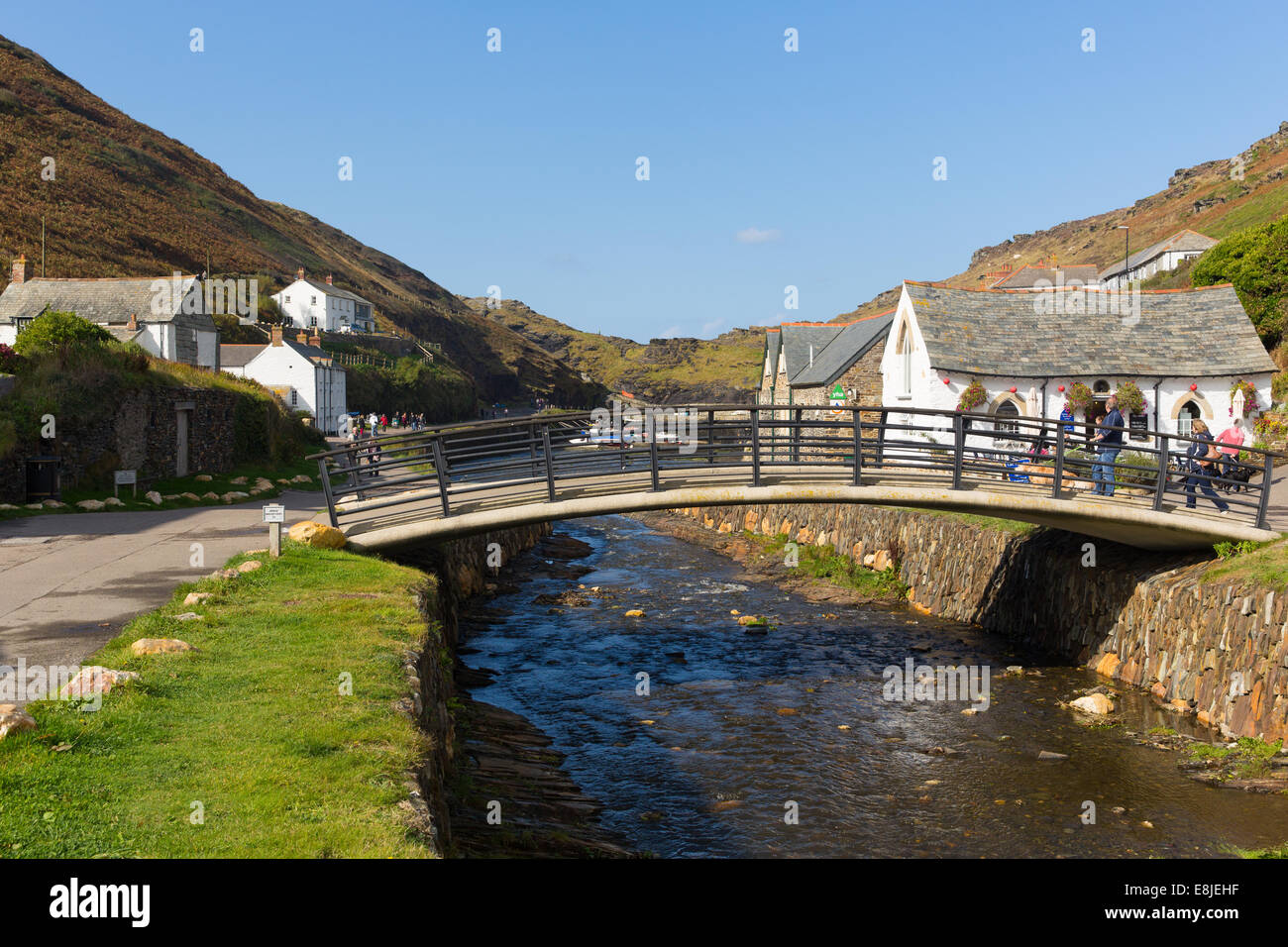 Boscastle river Cornwall England UK visitors and tourists on a ...
