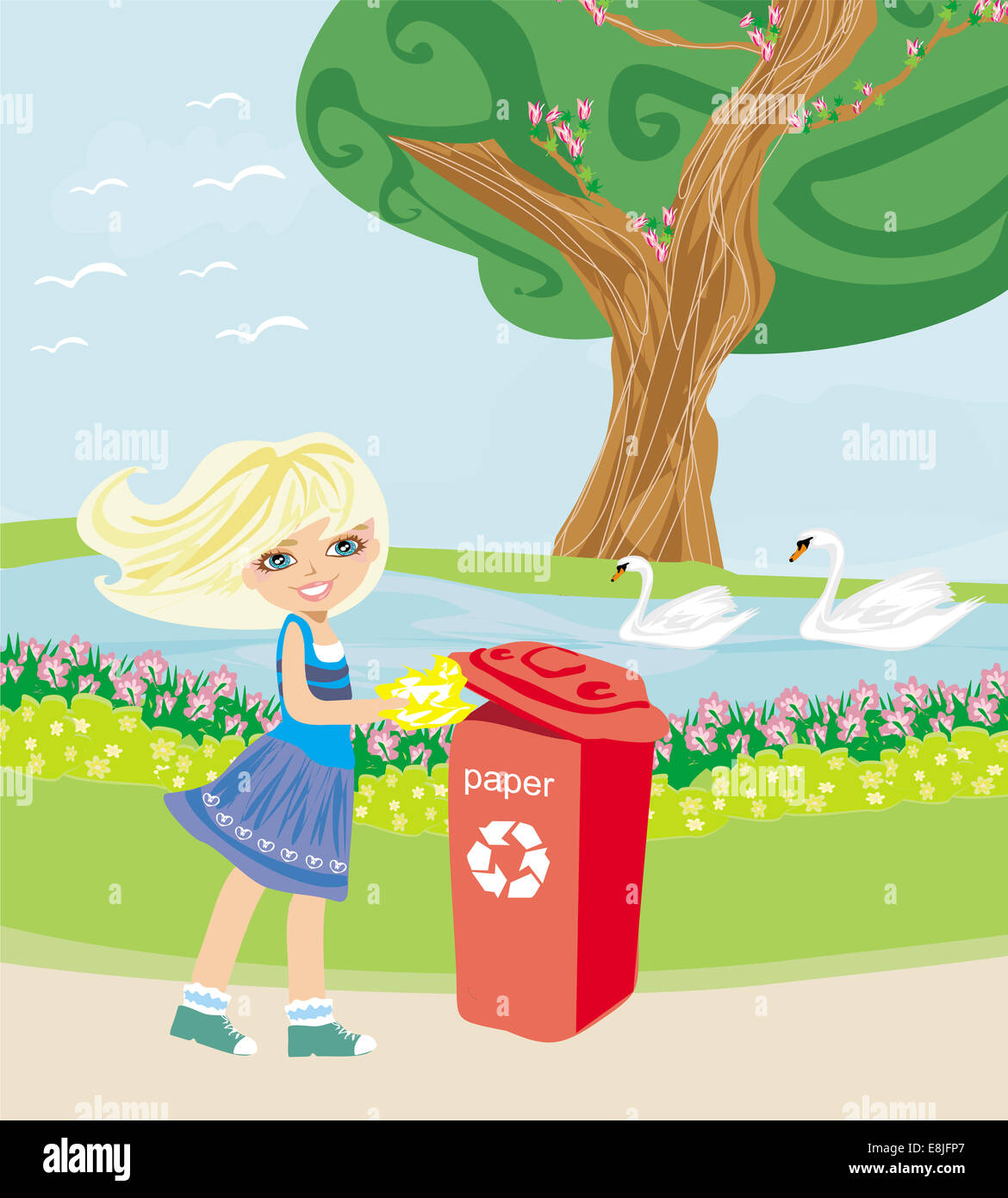 recycling - girl throws paper into red bin Stock Photo - Alamy