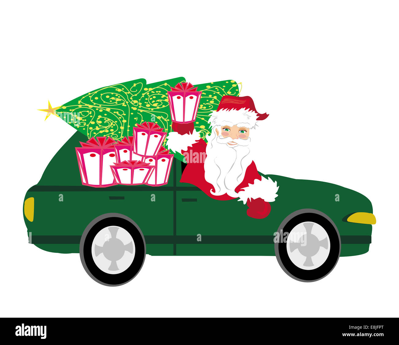 illustration of Santa Claus driving car with Christmas gift Stock Photo ...