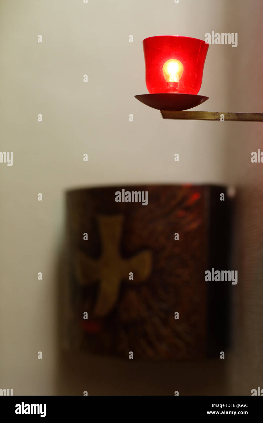 Saint-Jean de Montmartre church. Red light hanging near the tabernacle ...