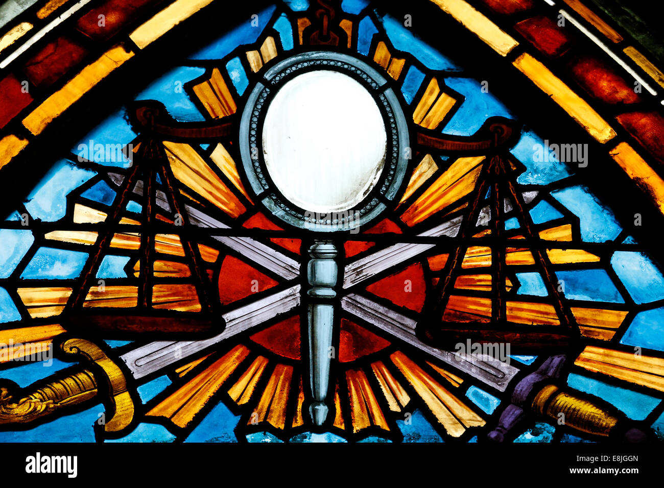 Saint-Jean de Montmartre church. Stained glass window. Depiction of the ...