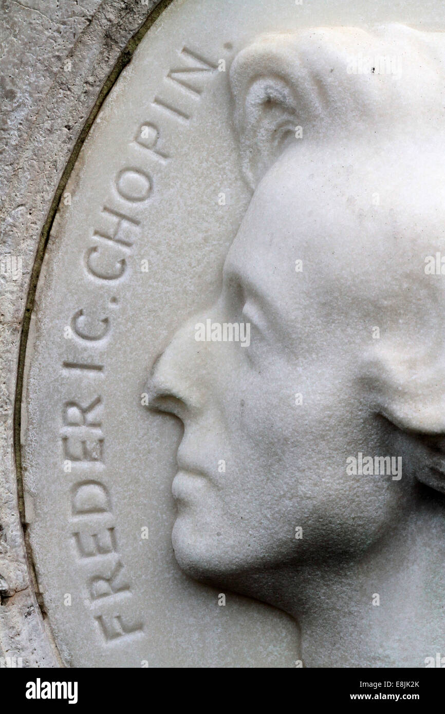 Sculpture of the face of Frederic Chopin on a tombstone. P re Lachaise ...