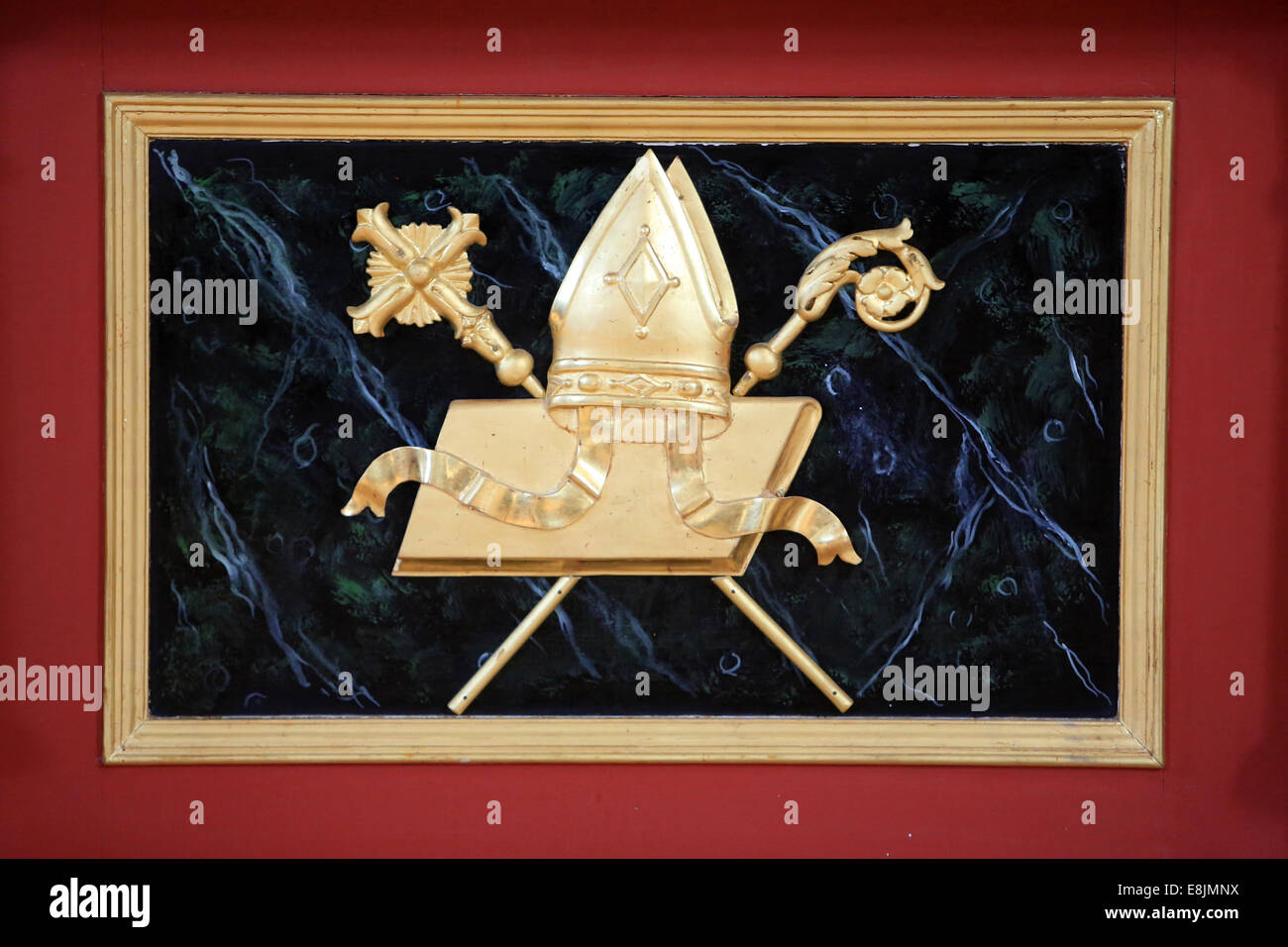 Symbols of the bishop : miter, crozier and gospel Stock Photo - Alamy
