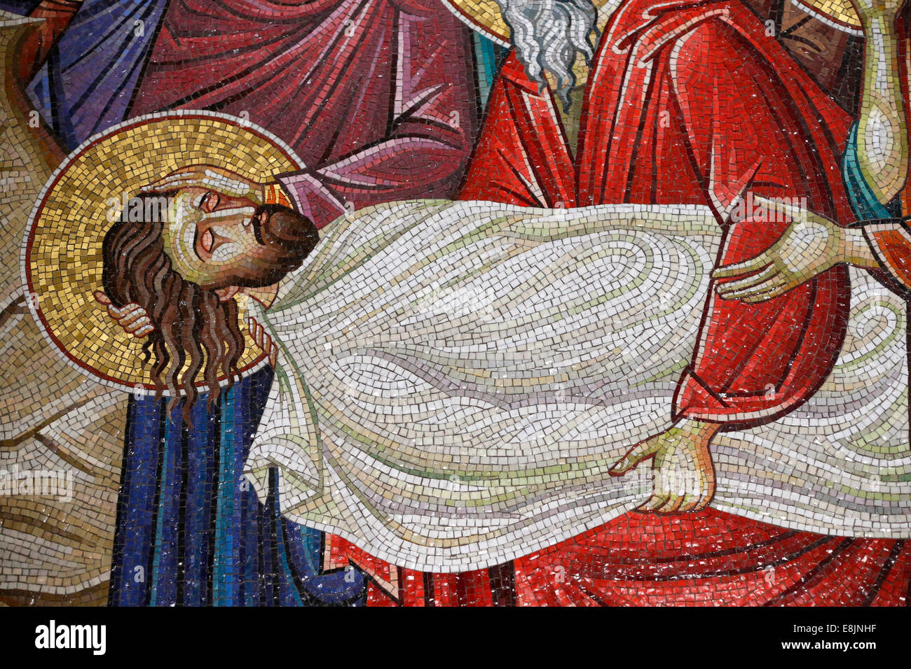 Detail of mosaic art which depicts the burial of Jesus Christ. Holy ...