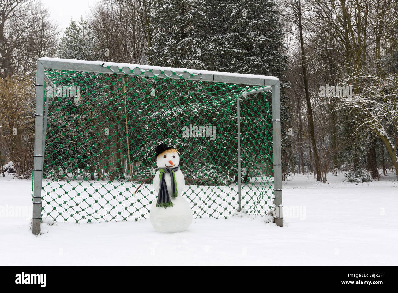 Funny snowman defending the soccer goal in the park Stock Photo - Alamy