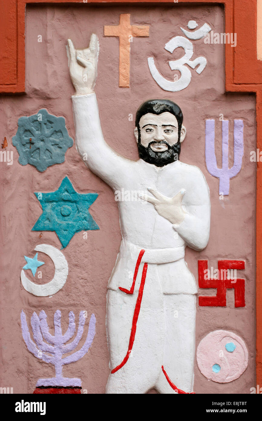 Statue of Ramakrishna surrounded by symbols of the main religions Stock ...