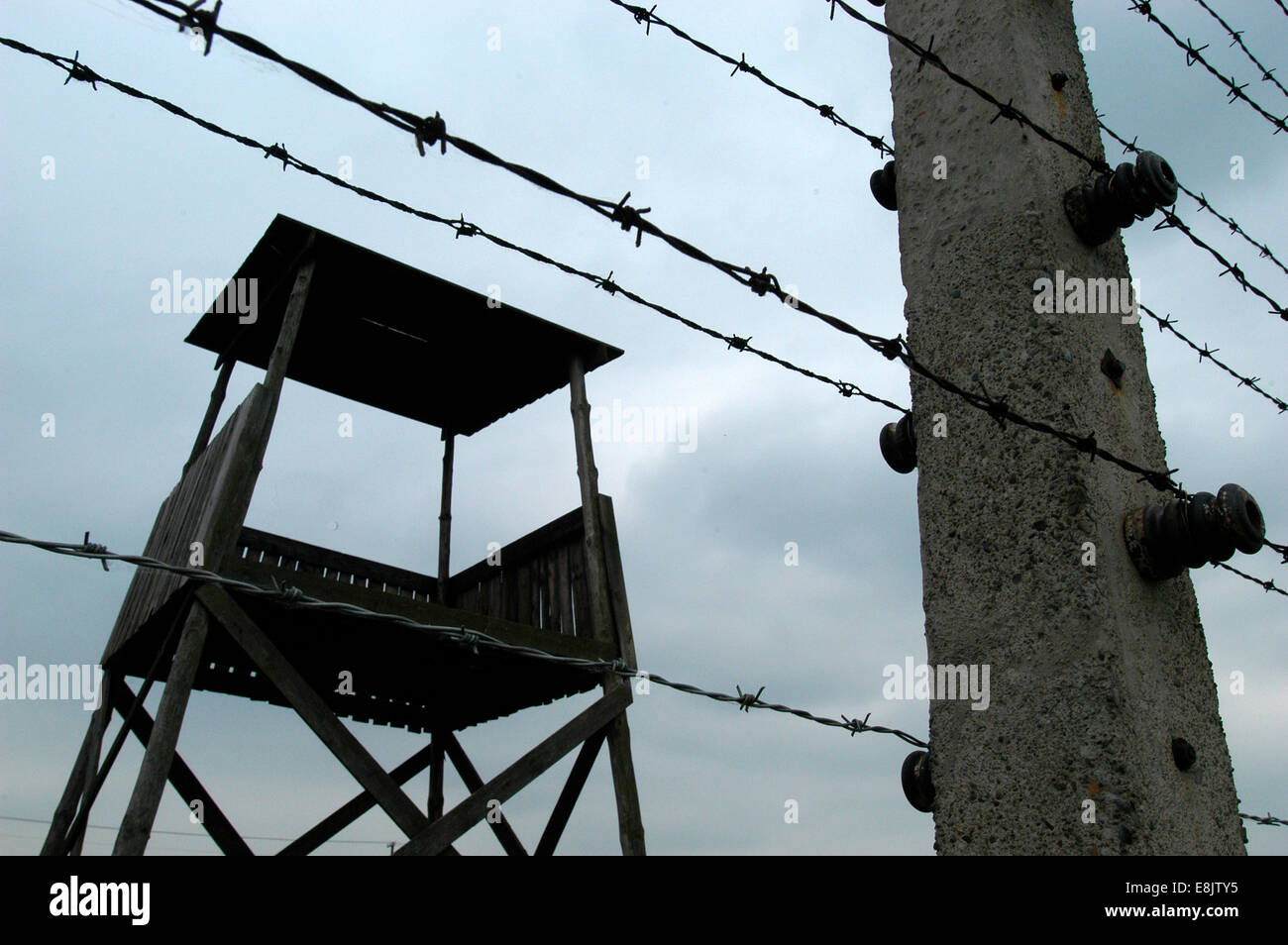 Barbed wire and watchtower in Birkenau nazi extermination camp Stock ...