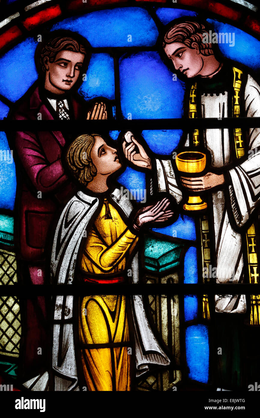 St Barth's church. Stained glass window. Holy communion Stock Photo - Alamy