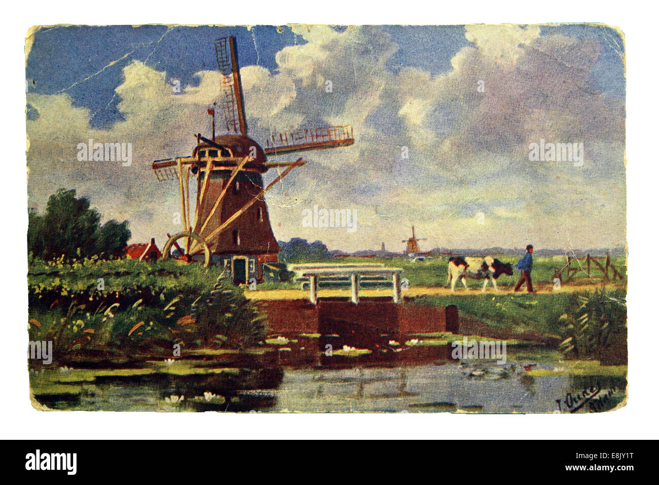 Landscape with windmills, 1911. Reproduction of antique postcard. 1st ...