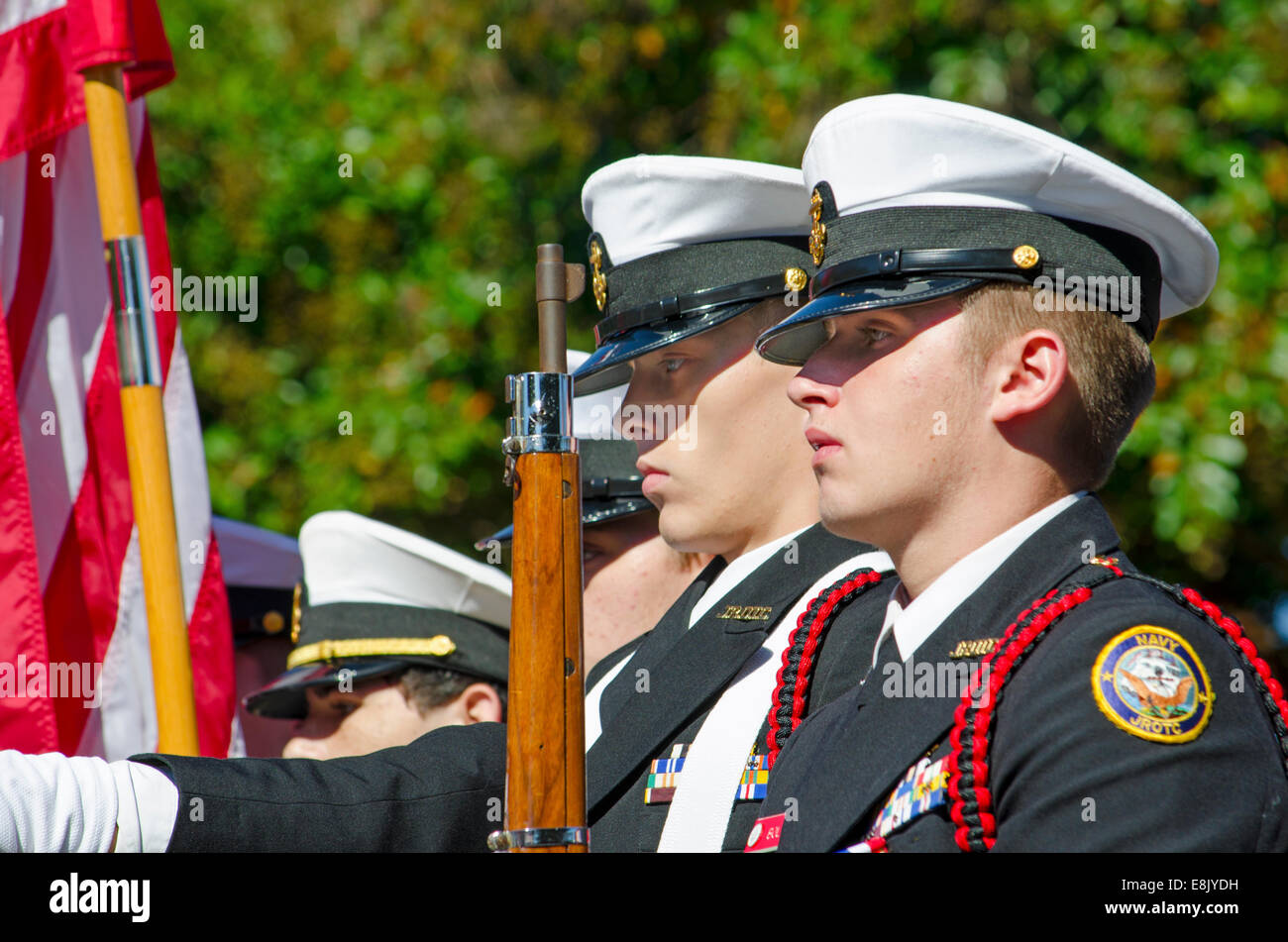 A US Navy Color Guard of ROTC Cadets presents the American, Navy and ...