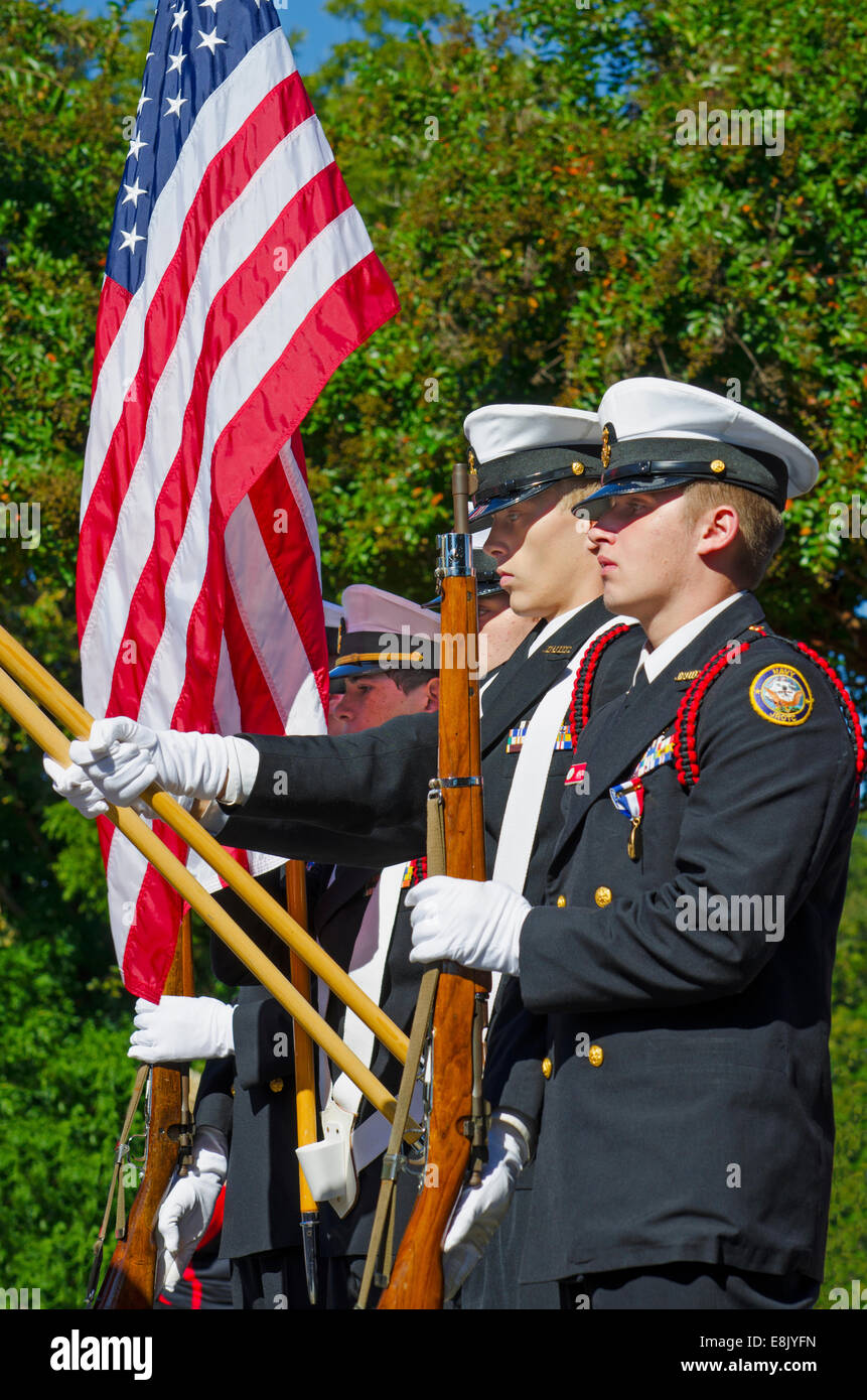 A US Navy Color Guard of ROTC Cadets presents the American, Navy and ...