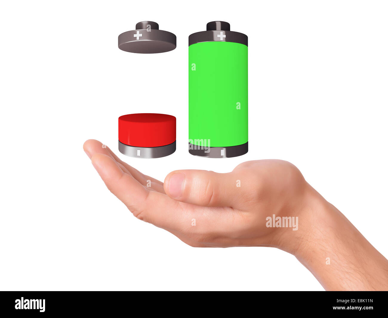 image of hand hold battery icon with colorful charge level on white ...