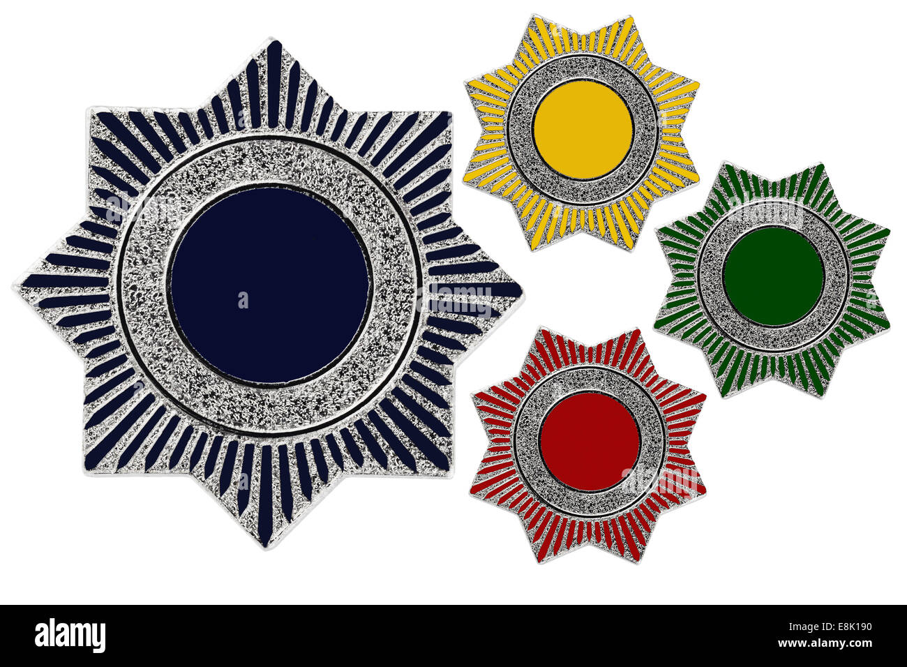 Metal Badges In Different Colors On White Background Stock Photo - Alamy
