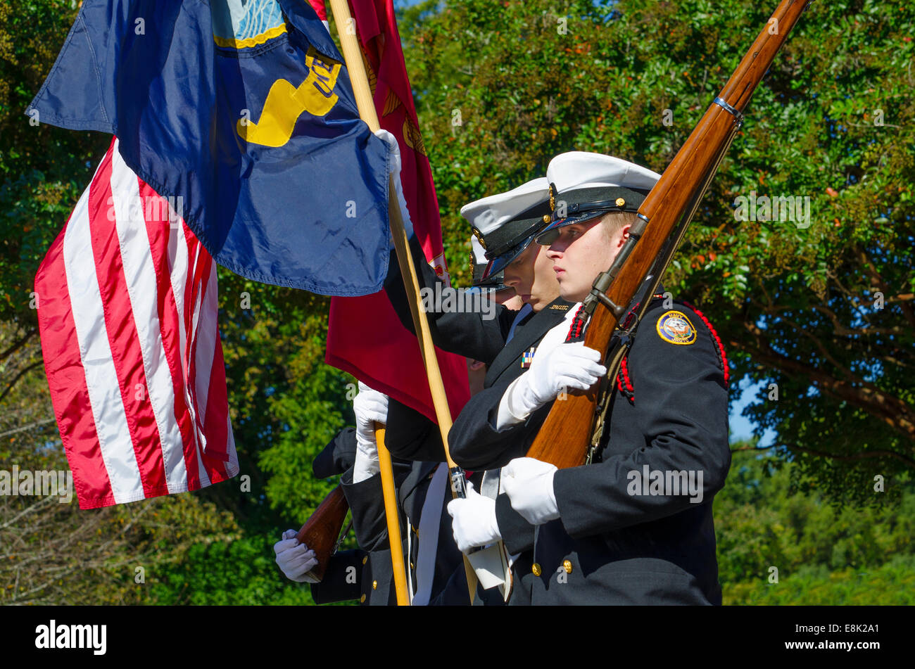 A US Navy Color Guard of ROTC Cadets presents the American, Navy and ...