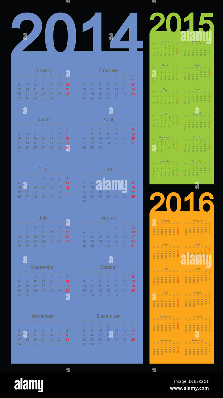 Simple Calendar year 2014, 2015, 2016, vector Stock Photo - Alamy