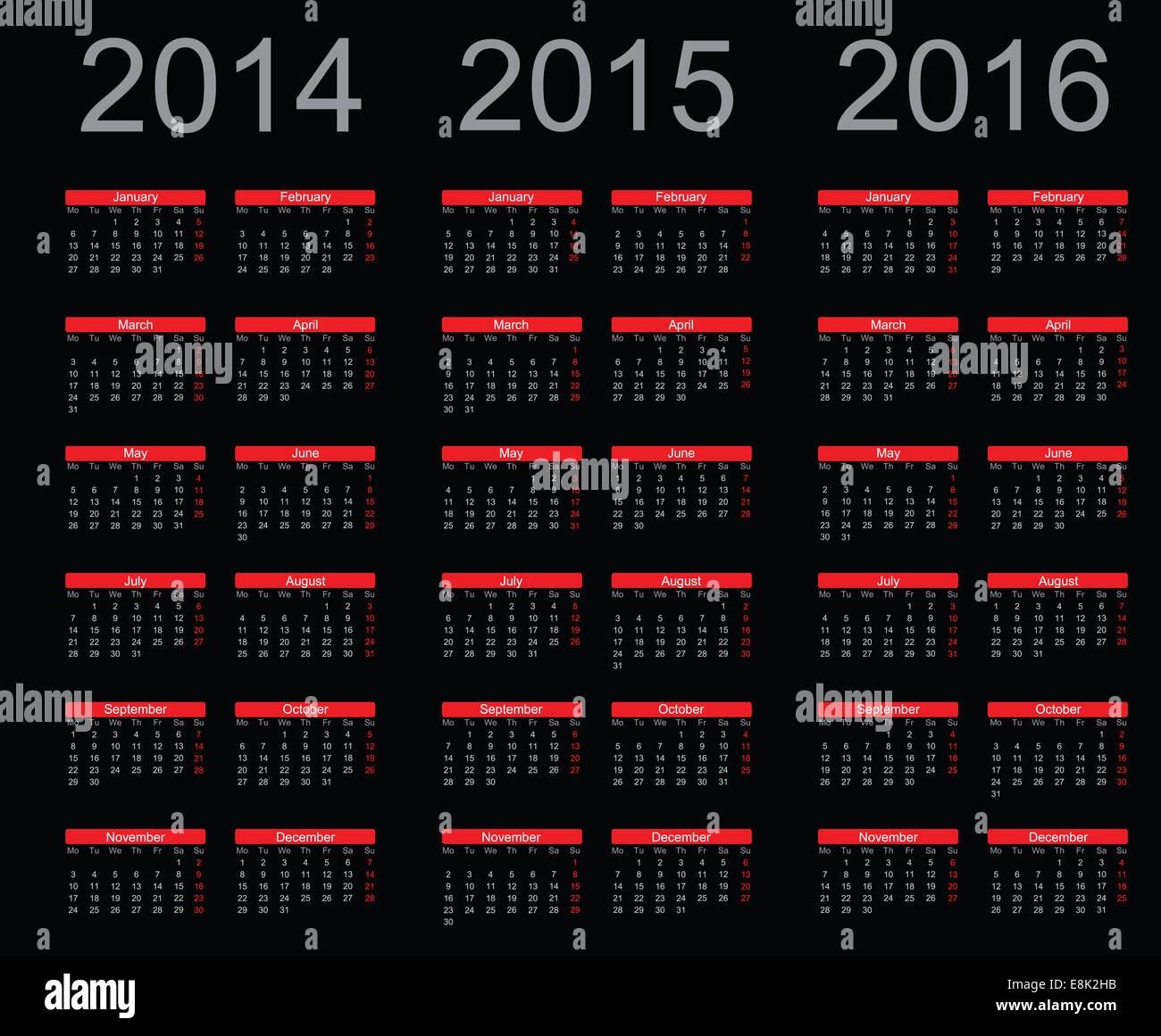 Simple Calendar year 2014, 2015, 2016, vector Stock Photo - Alamy
