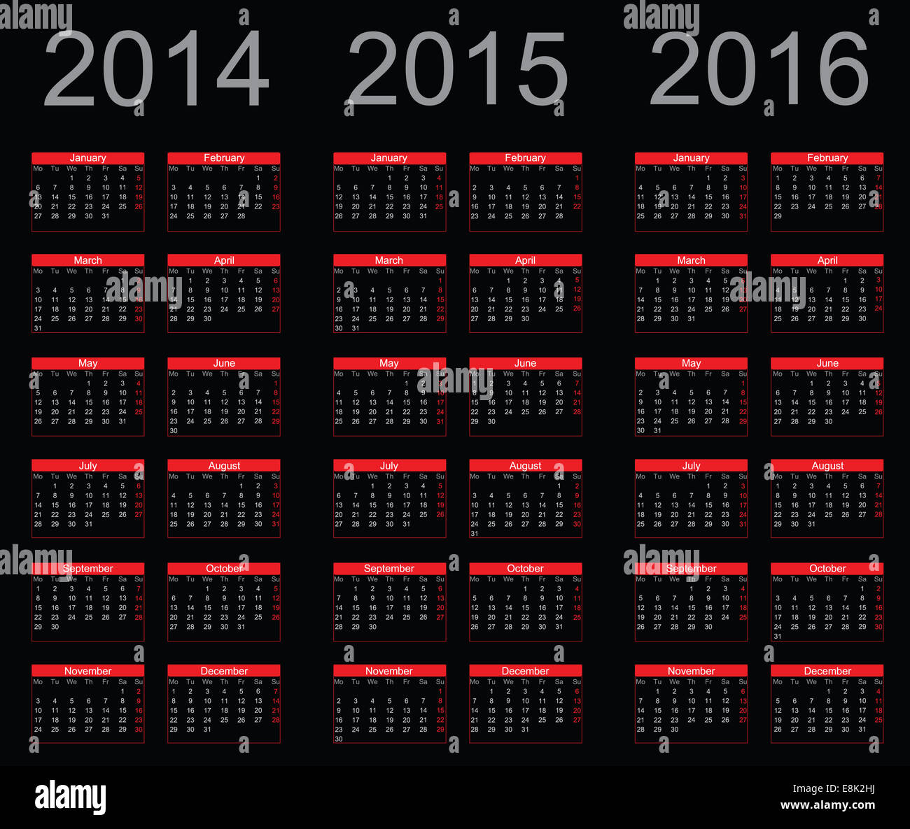 Simple Calendar year 2014, 2015, 2016, vector Stock Photo - Alamy