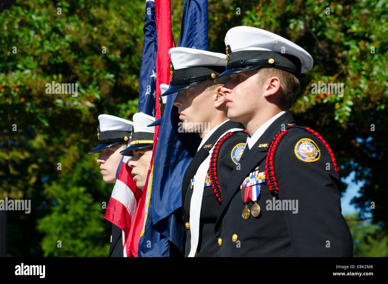 A US Navy Color Guard of ROTC Cadets presents the American, Navy and ...