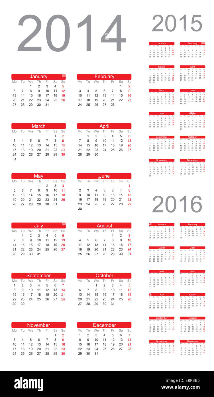 Simple Calendar year 2014, 2015, 2016, vector Stock Photo - Alamy