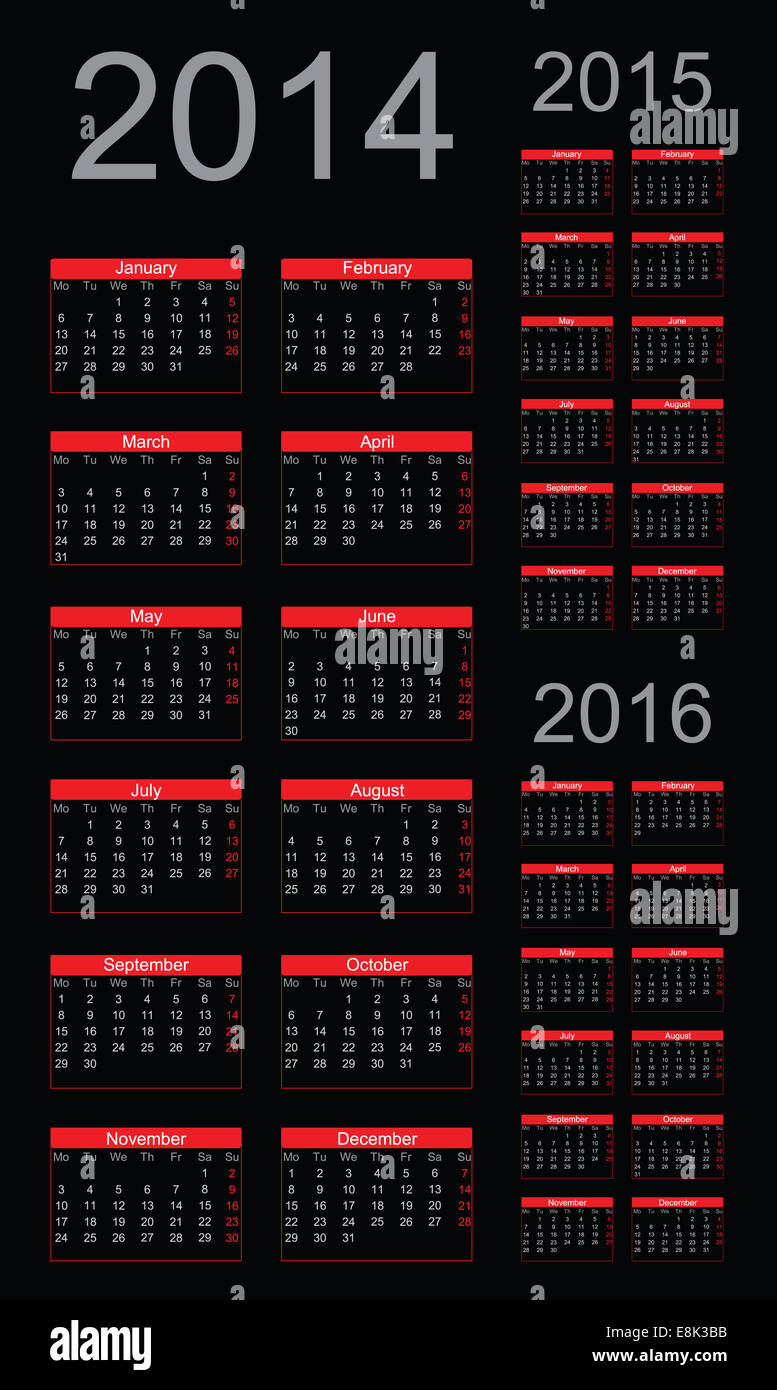 Simple Calendar year 2014, 2015, 2016, vector Stock Photo - Alamy