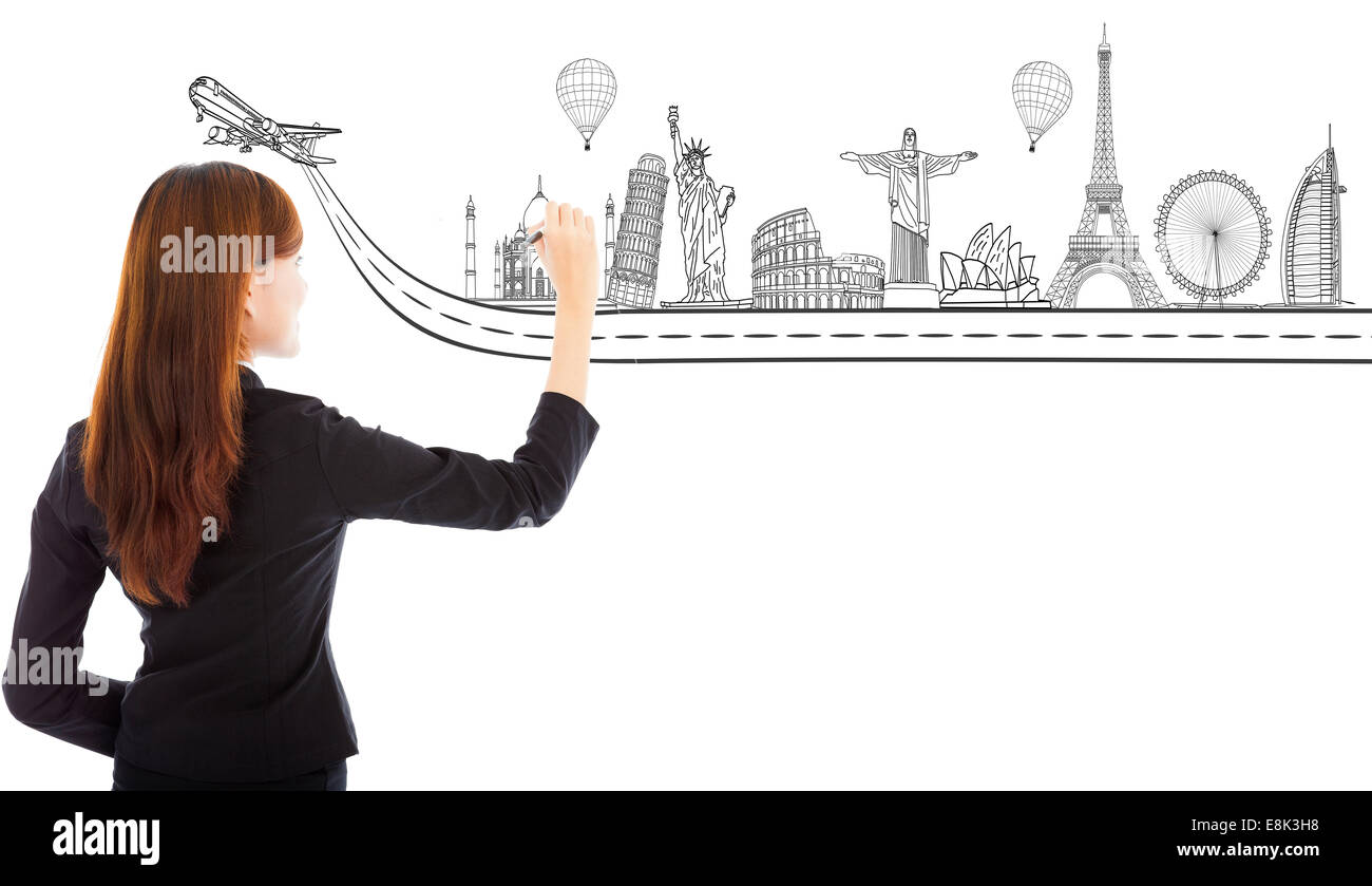 young business woman drawing a travel trip landmark over white ...