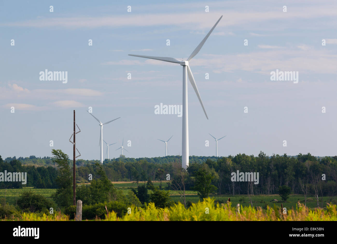 Wind turbines tower over the landscape on a sunny day in Dufferin ...
