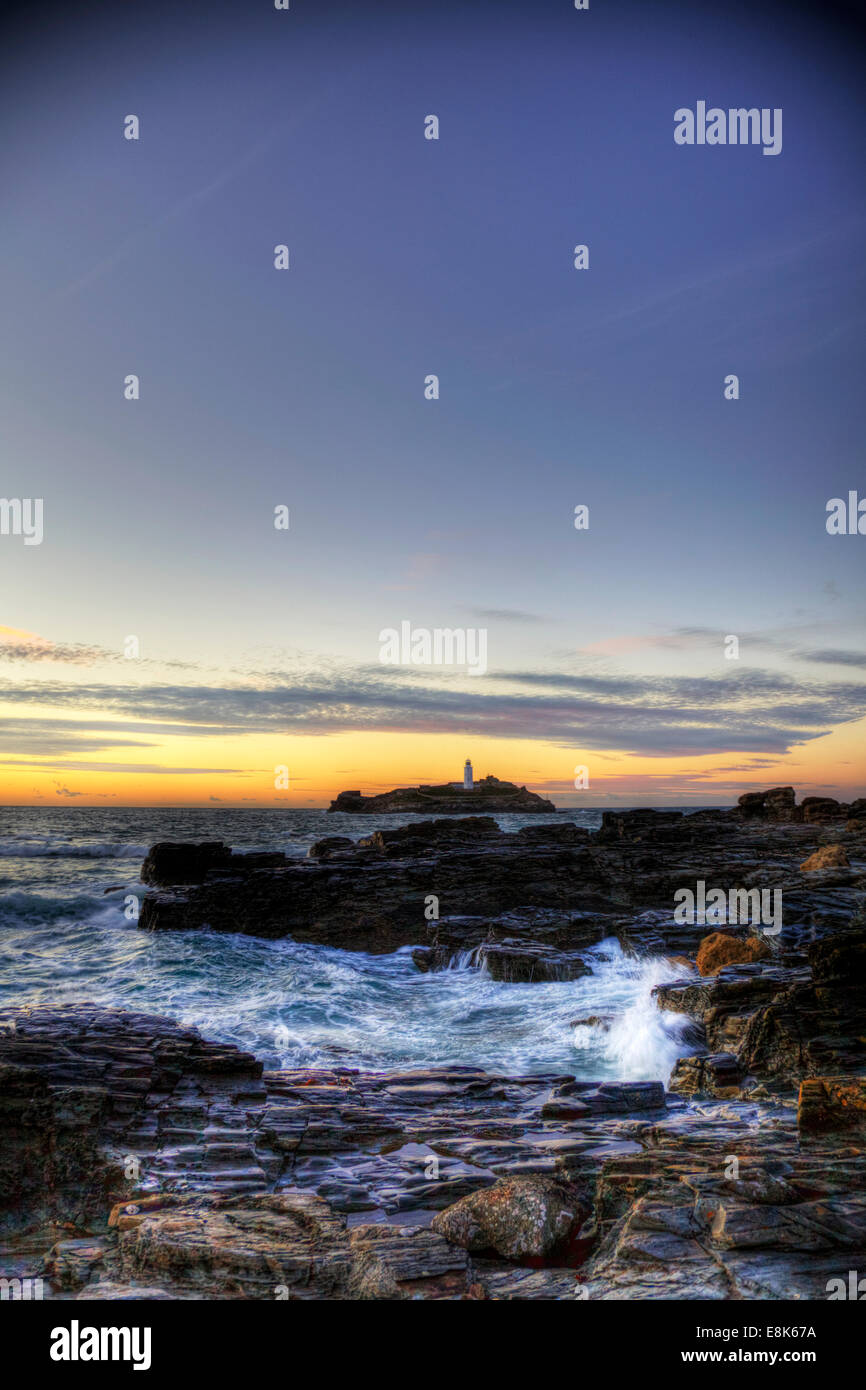 Godrevy lighthouse Sunset Hayle beach rock rocks rugged coast sea ...