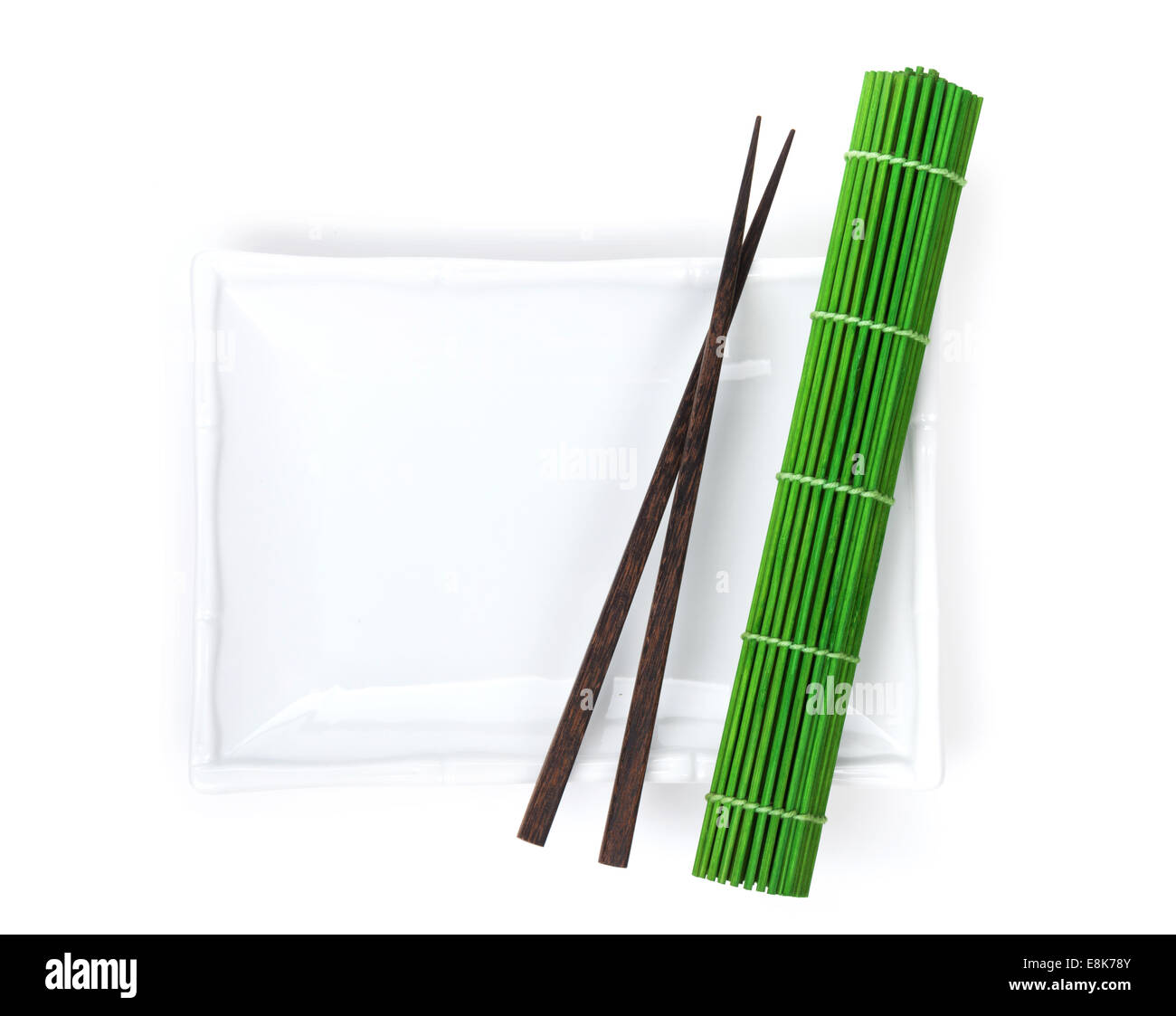 Empty plate, chopsticks and mat. Isolated on white background Stock ...
