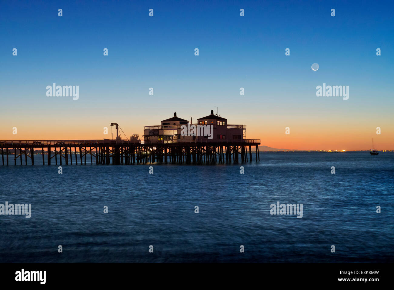USA, California, Malibu, Crescent Moon Over Malibu Pier (Large format sizes available Stock ...