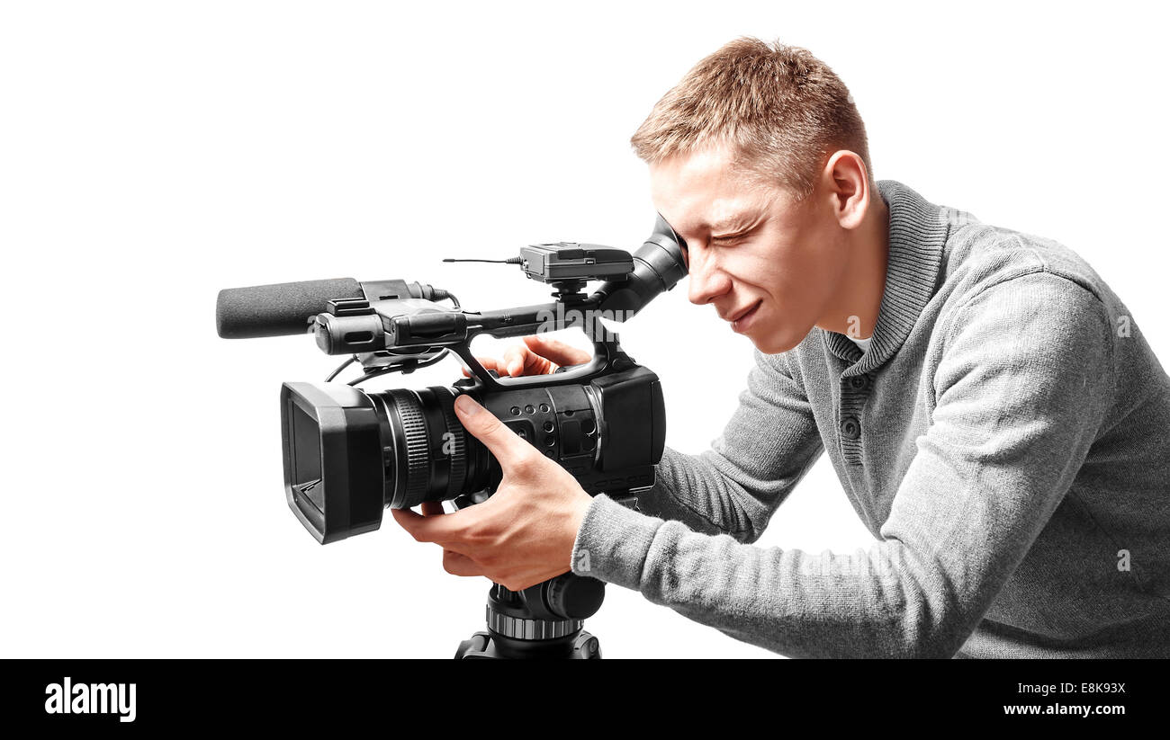 Video camera operator isolated on white background Stock Photo - Alamy