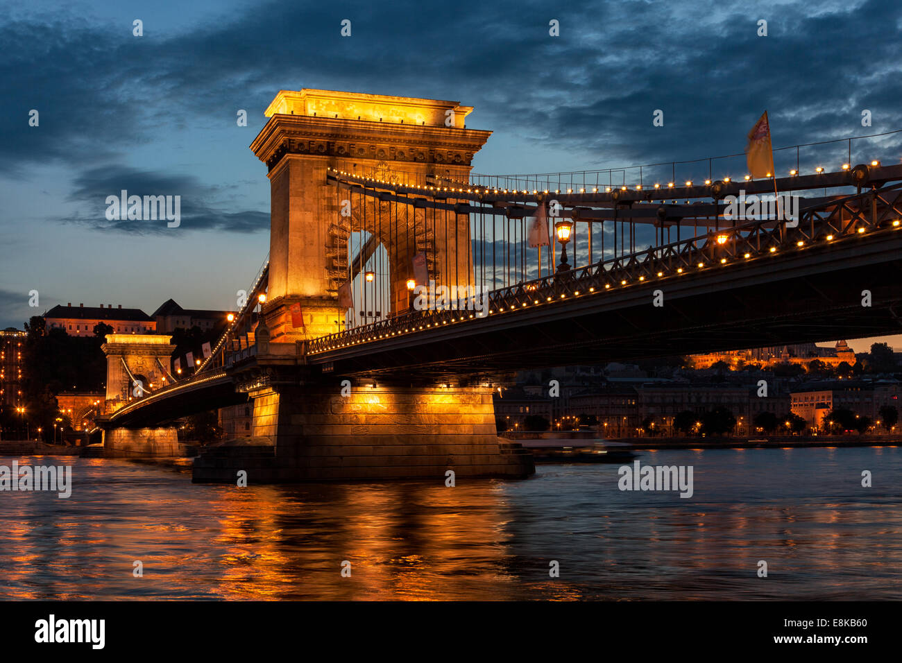 Szechenyi Chain Bridge over river Danube at night,Budapest Hungary ...