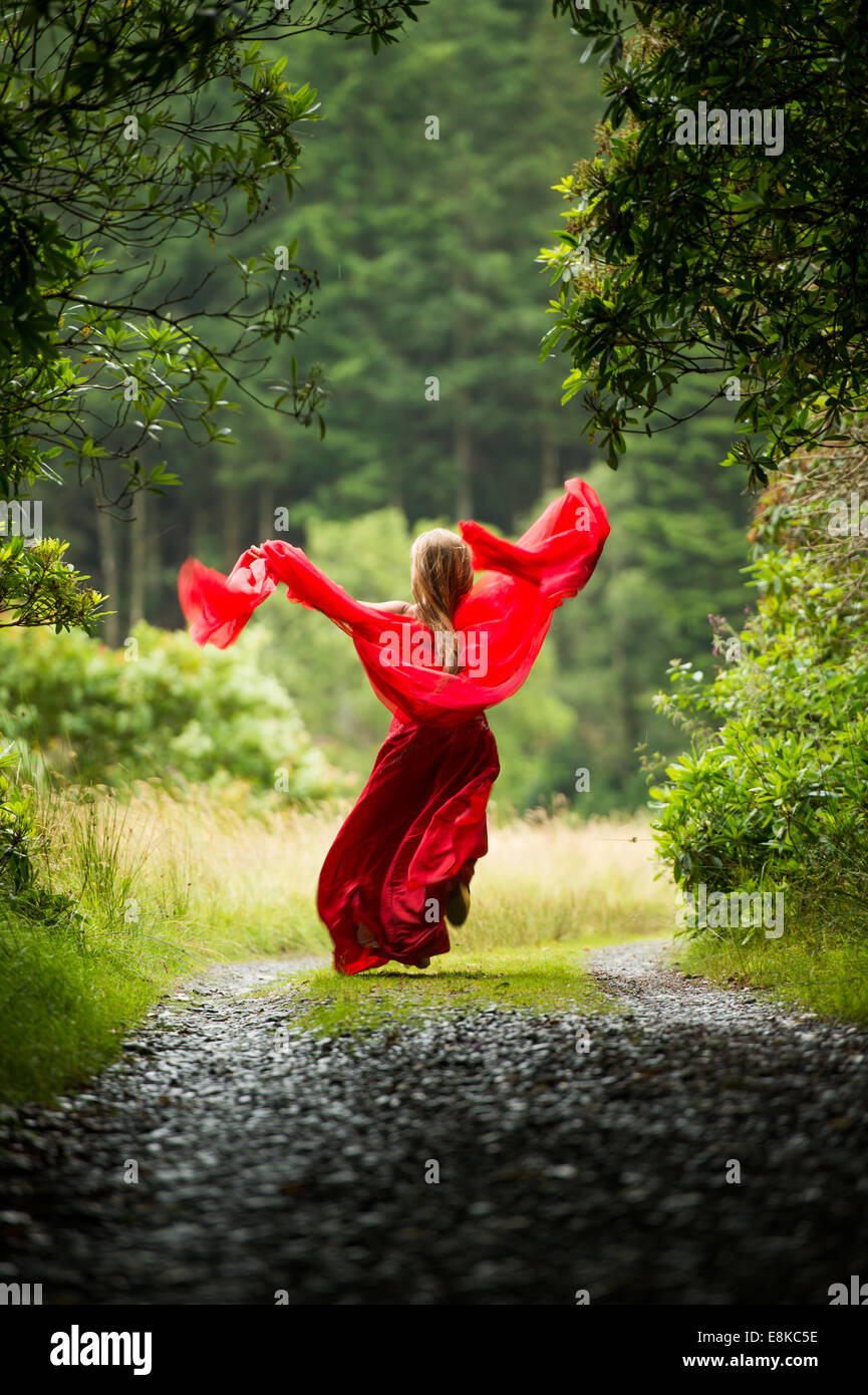 Scarlet woman: rear view of a girl wearing a blood red frock dress in ...