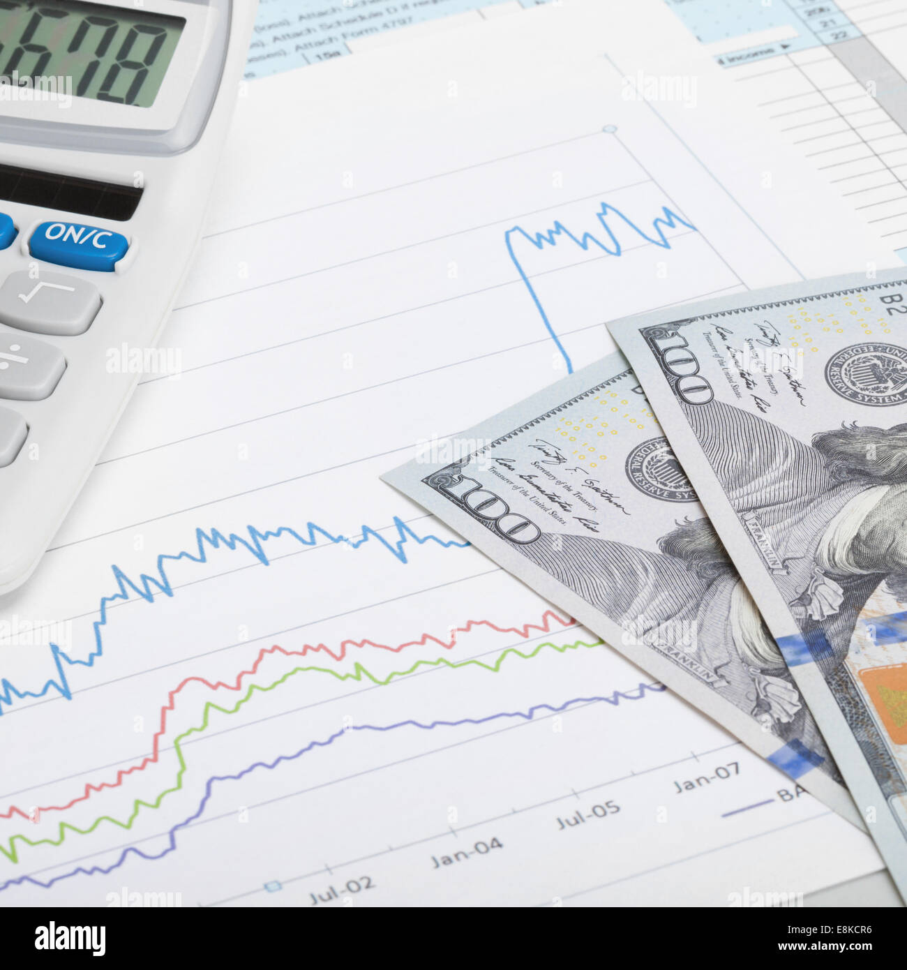 Stock market graph with US dollars banknote and calculator - 1 to 1 ...