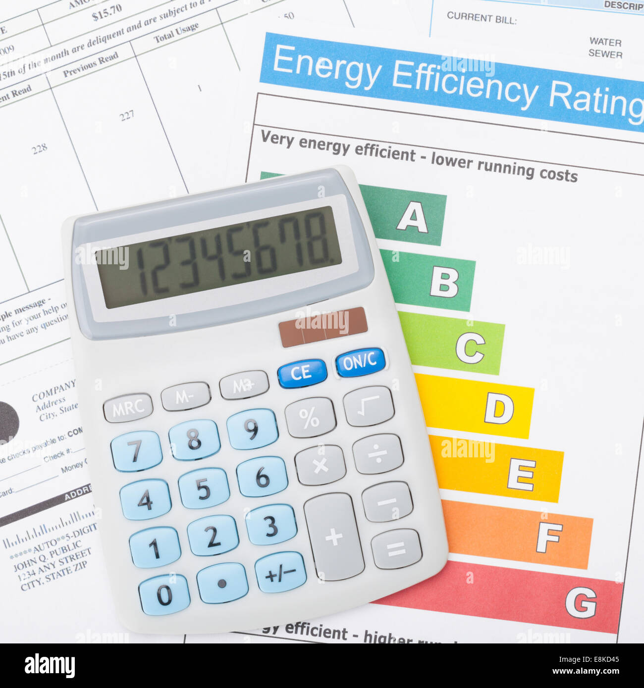 Calculator and energy efficiency chart - 1 to 1 ratio Stock Photo - Alamy