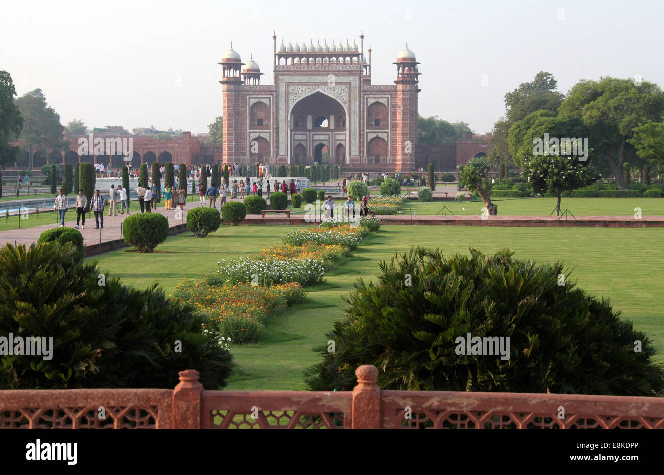 Garden and Great Gate of the famous Taj Mahal at Agra early in the ...