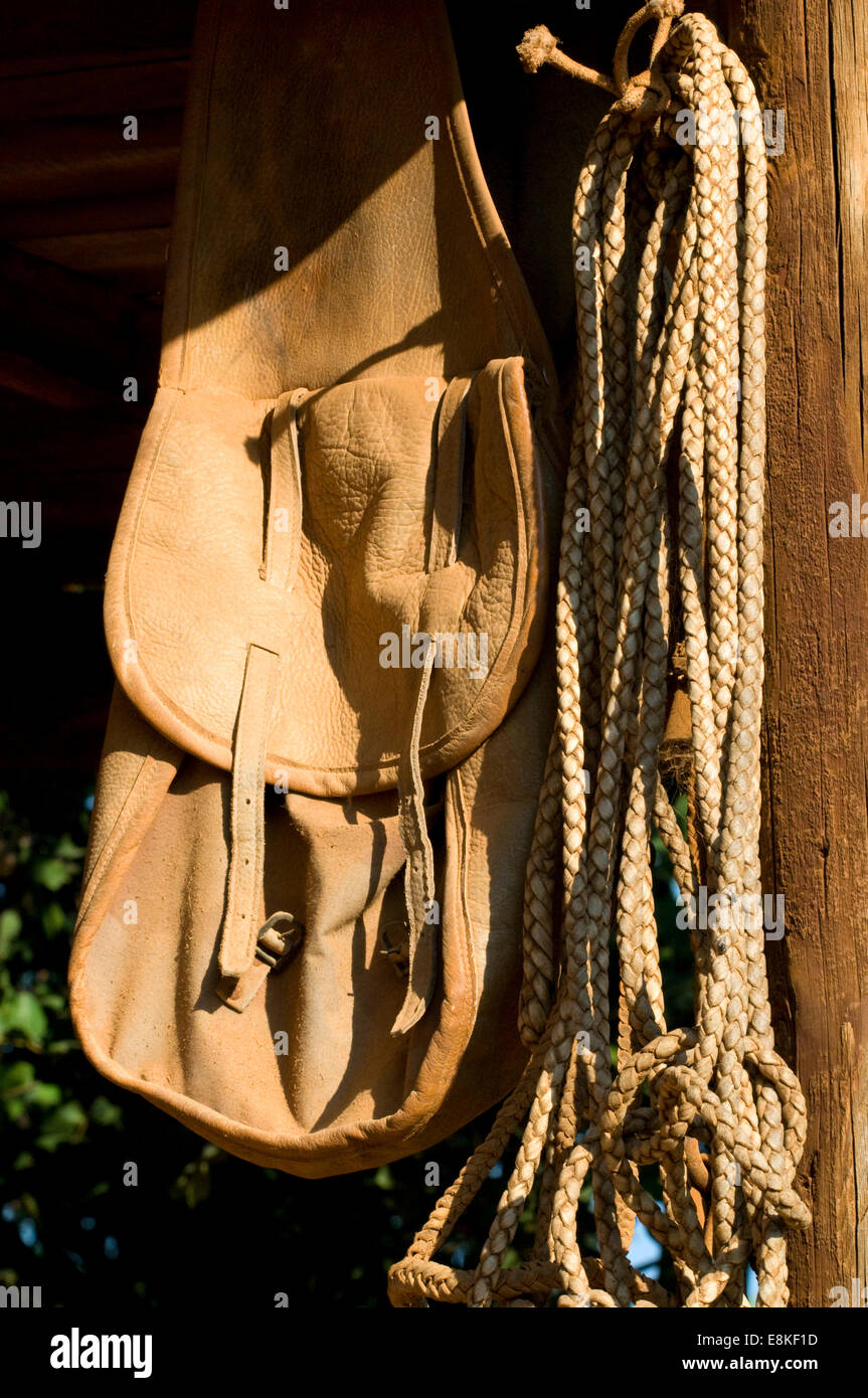 Saddle bags and ropes hung in a horse stables in sun drenched ...