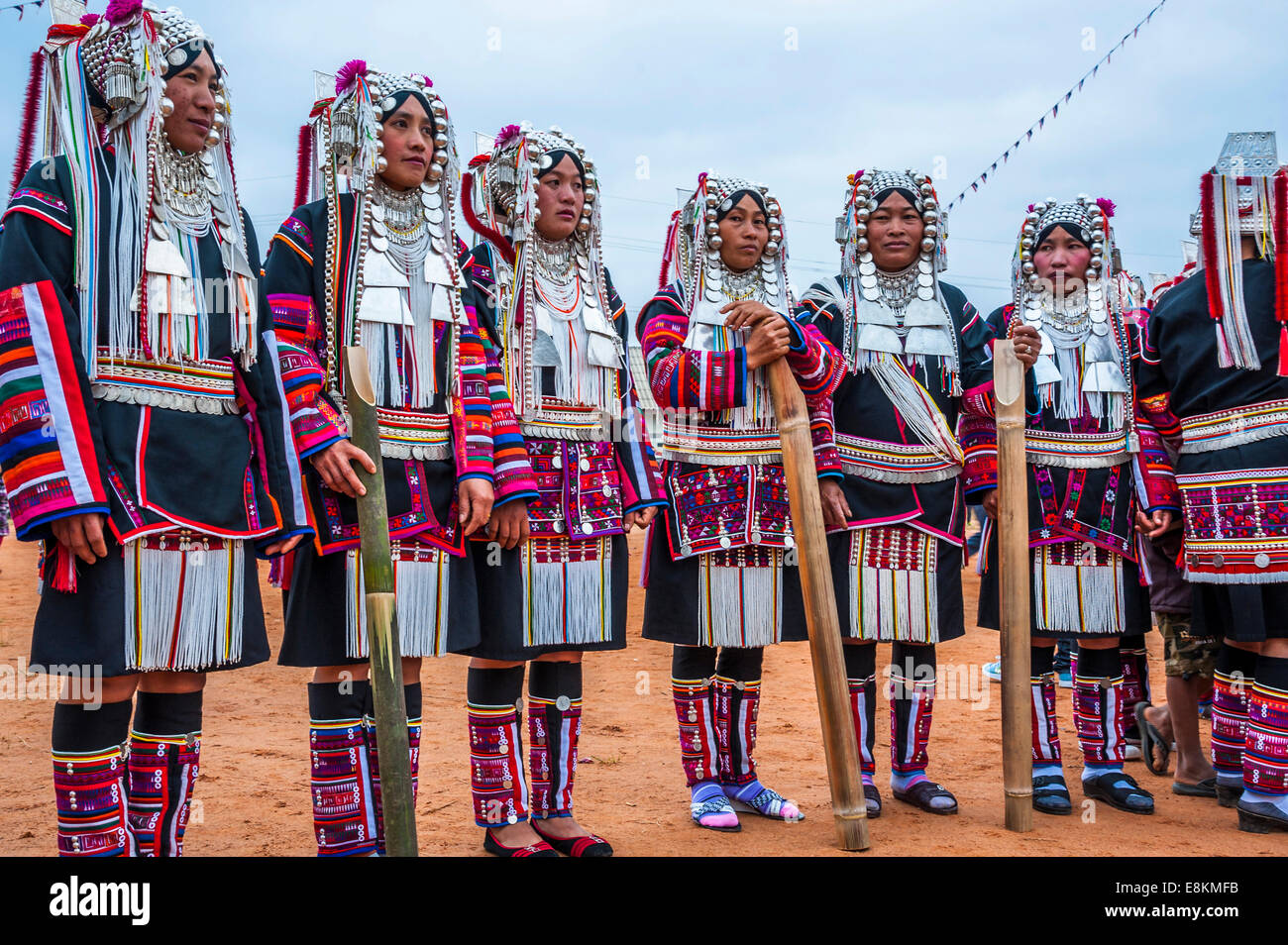 Traditionally dressed women from the Akha people, hill tribe, ethnic ...