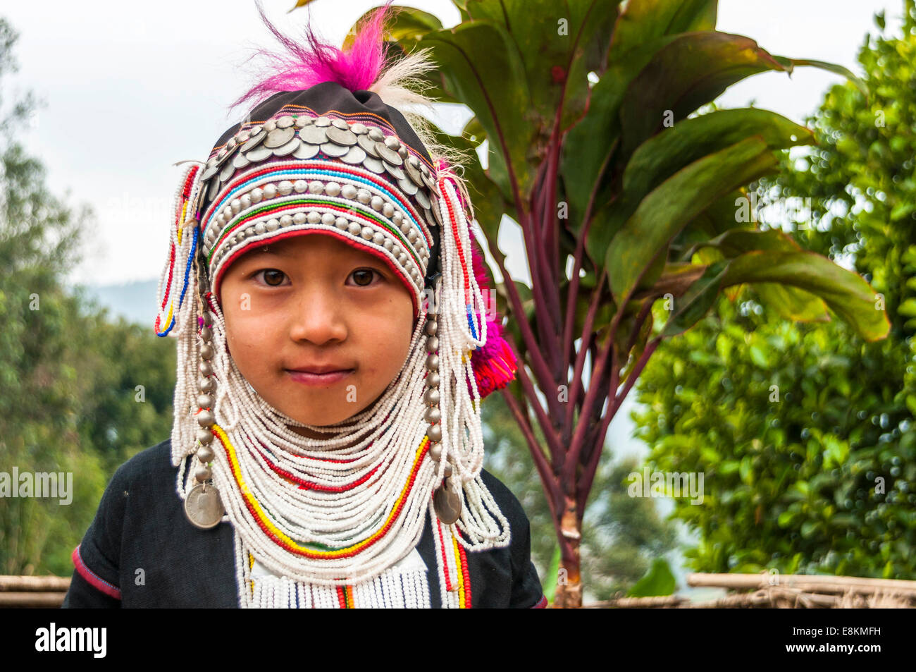 Traditionally dressed girl from the Akha people, hill tribe, ethnic ...
