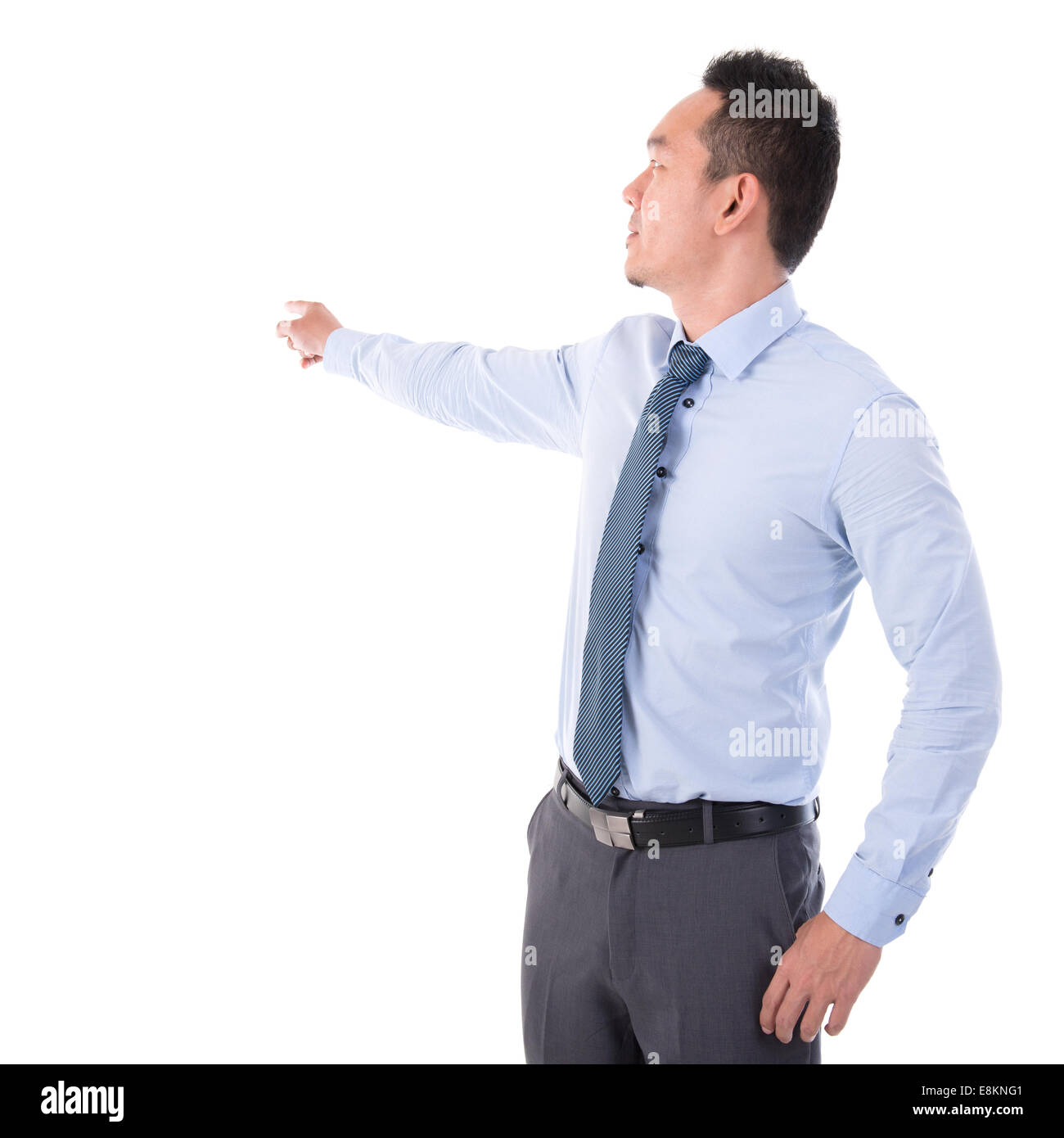 Asian business man hand pointing away, isolated over white background ...
