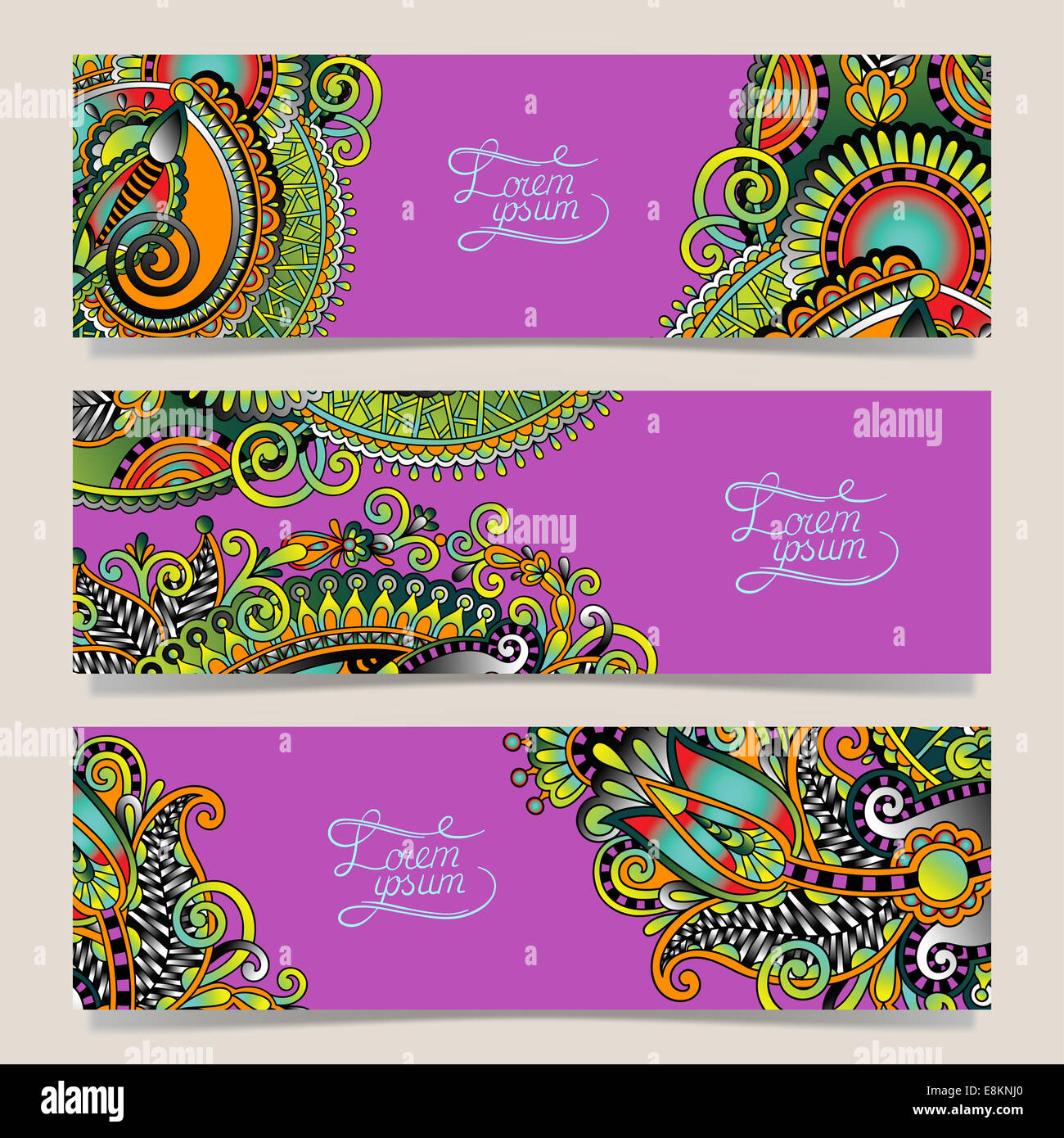 Set of three horizontal banners with decorative ornamental flowe Stock ...